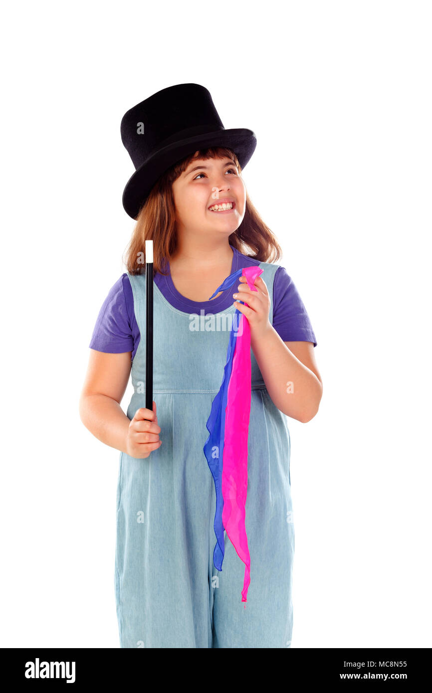 Pretty little girl doing magic with a top hat and a magic wand isolated ...