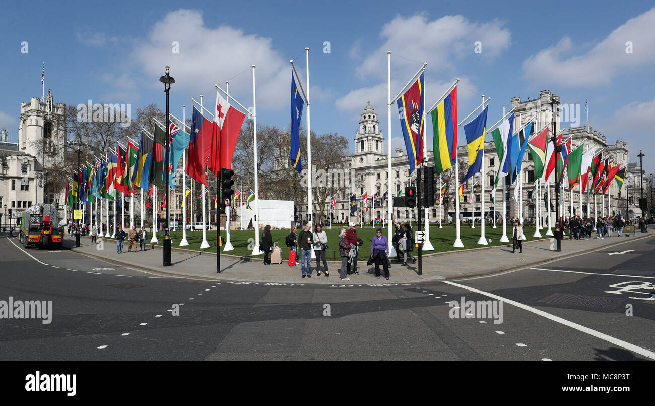 Flags of countries from the Commonwealth flying in Parliament Square ...