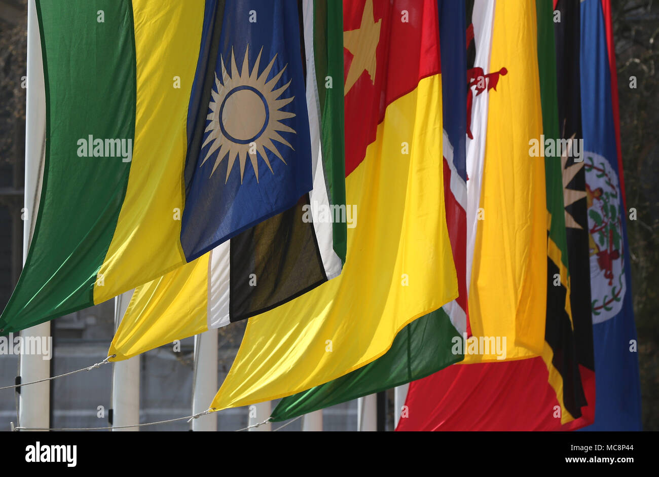 Flags of countries from the Commonwealth flying in Parliament Square ...