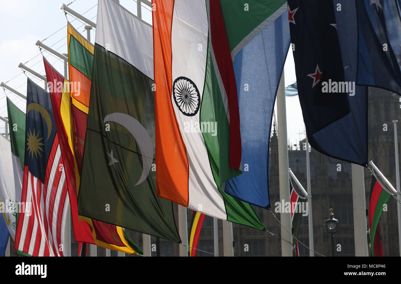 Flags of countries from the Commonwealth flying in Parliament Square ...