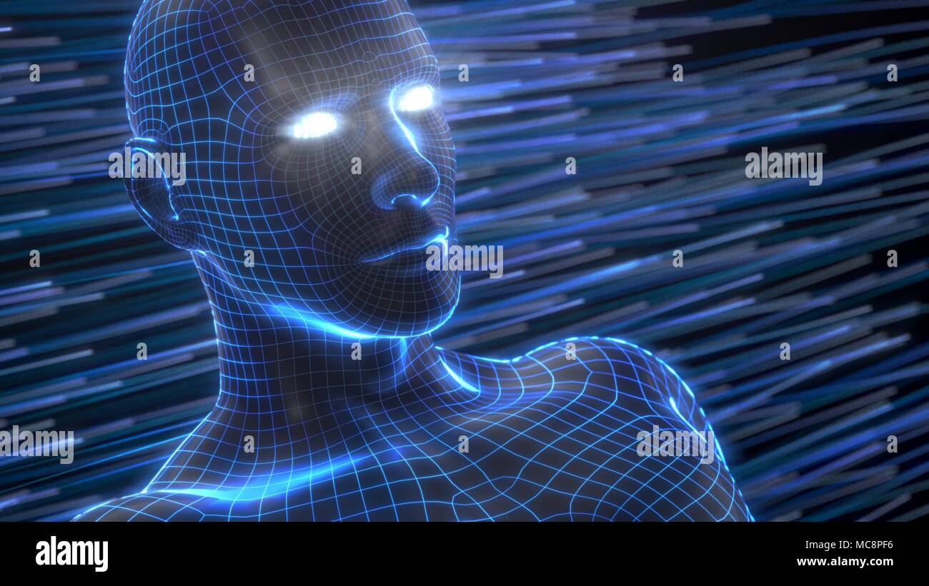 artificial intelligence concept with virtual human avatar. 3d ...