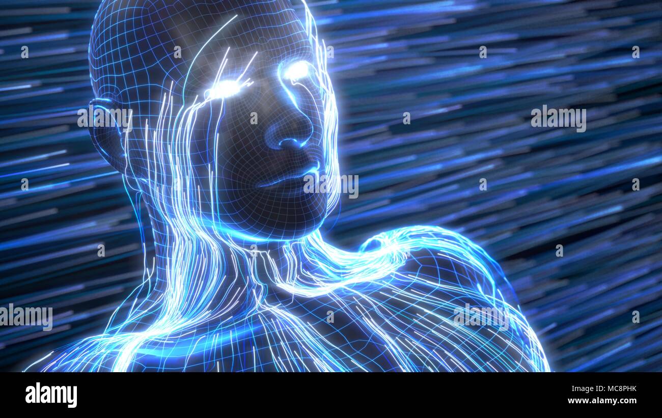 artificial intelligence concept with virtual human avatar. 3d ...
