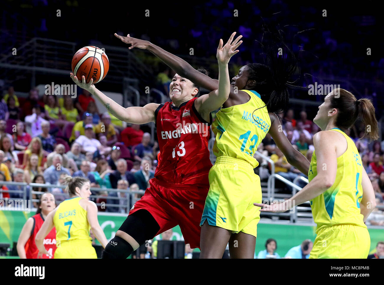England's Azania Stewart (left) and Australia's Ezi Magbegor (centre ...