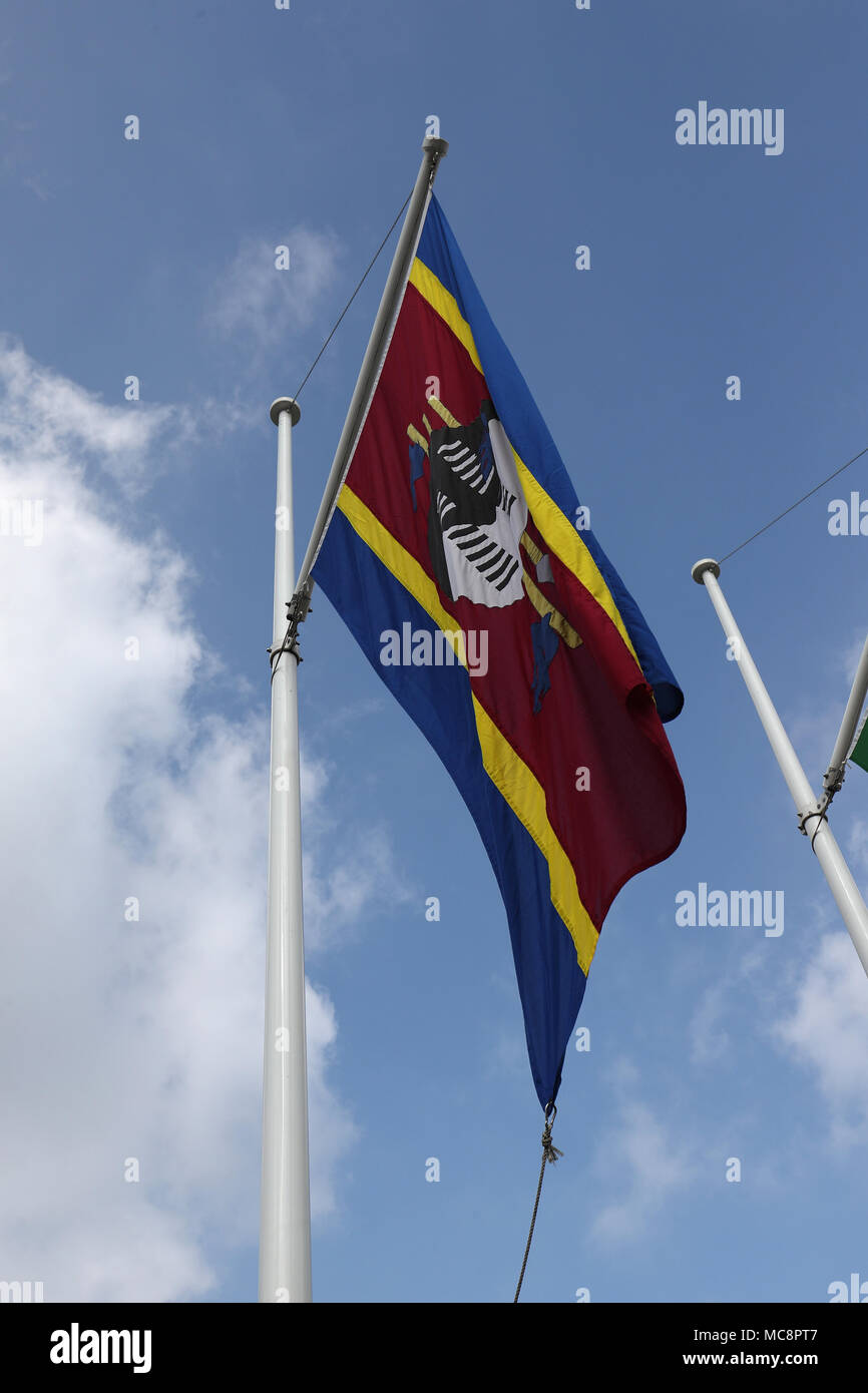 The flag of Swaziland flies with other flags from countries of the ...