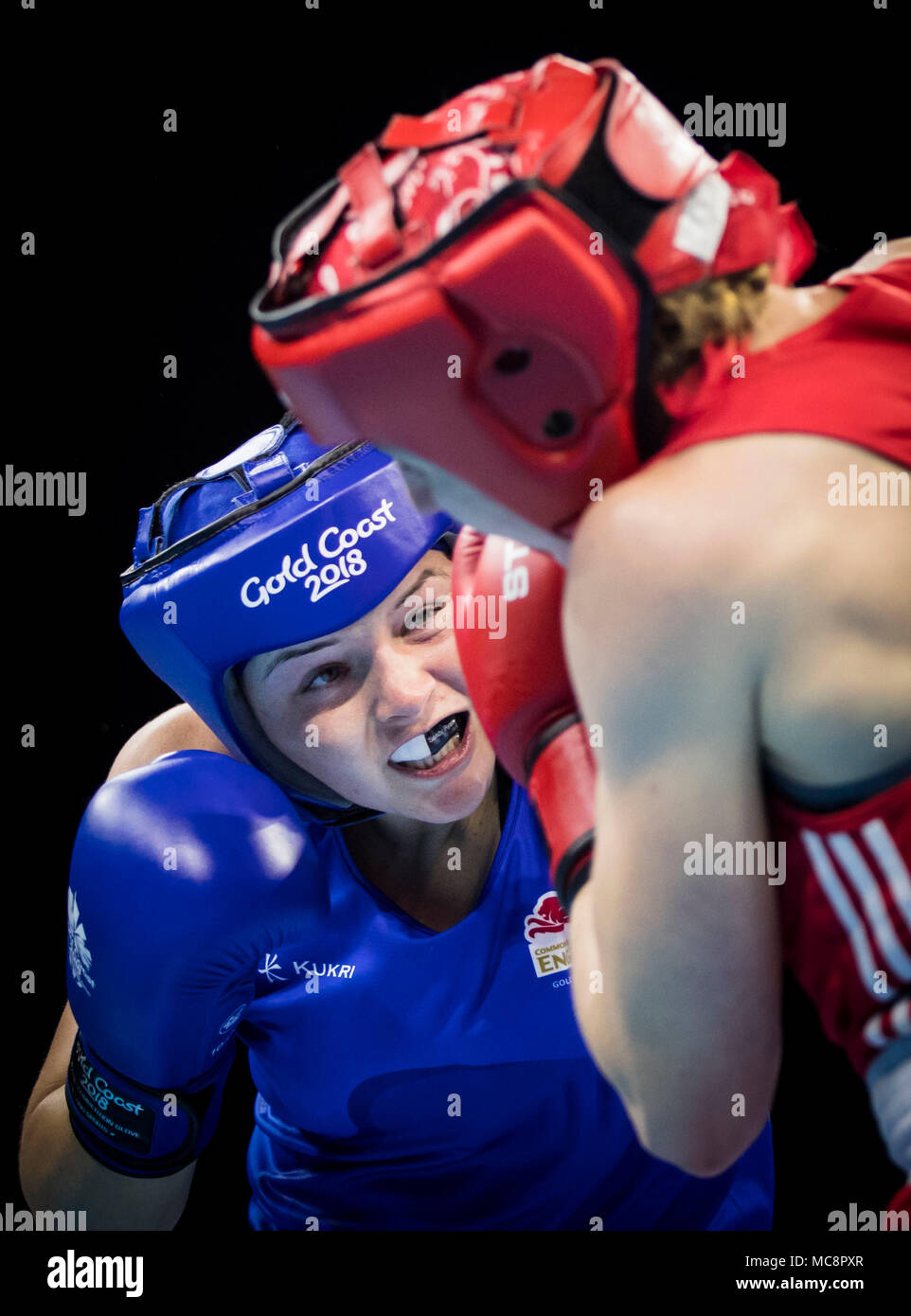 Wales' Rosie Eccles (red) v England's Sandy Ryan (blue) during the ...