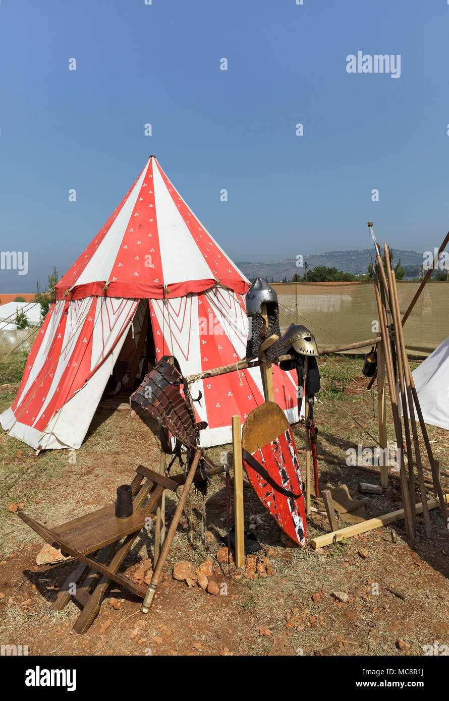 Armor of a medieval warrior near his tent at the knight festival Stock ...