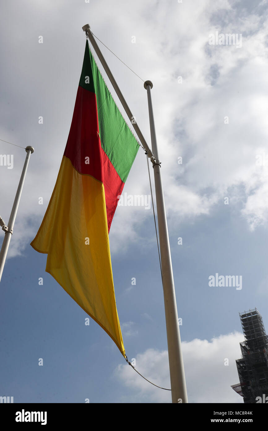 The flag of Cameroon flies with other flags from countries of the ...