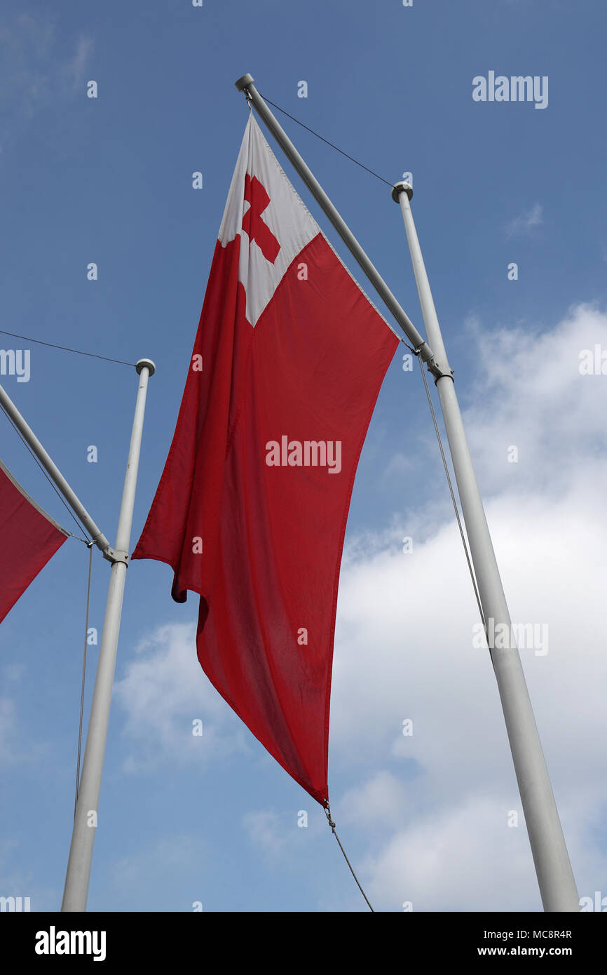 The flag of Tonga flies with other flags from countries of the ...