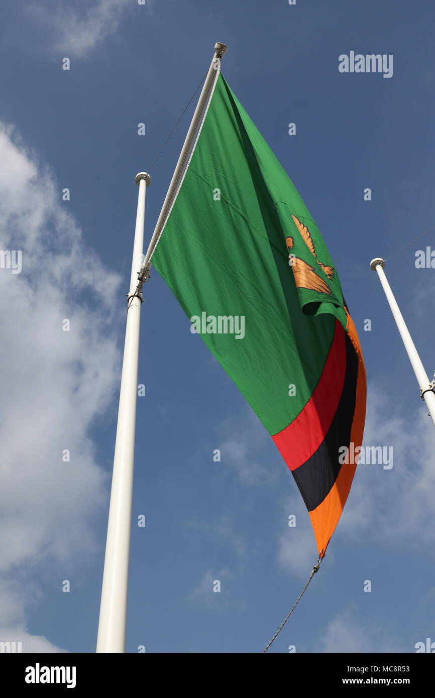 The flag of Zambia flies with other flags from countries of the ...