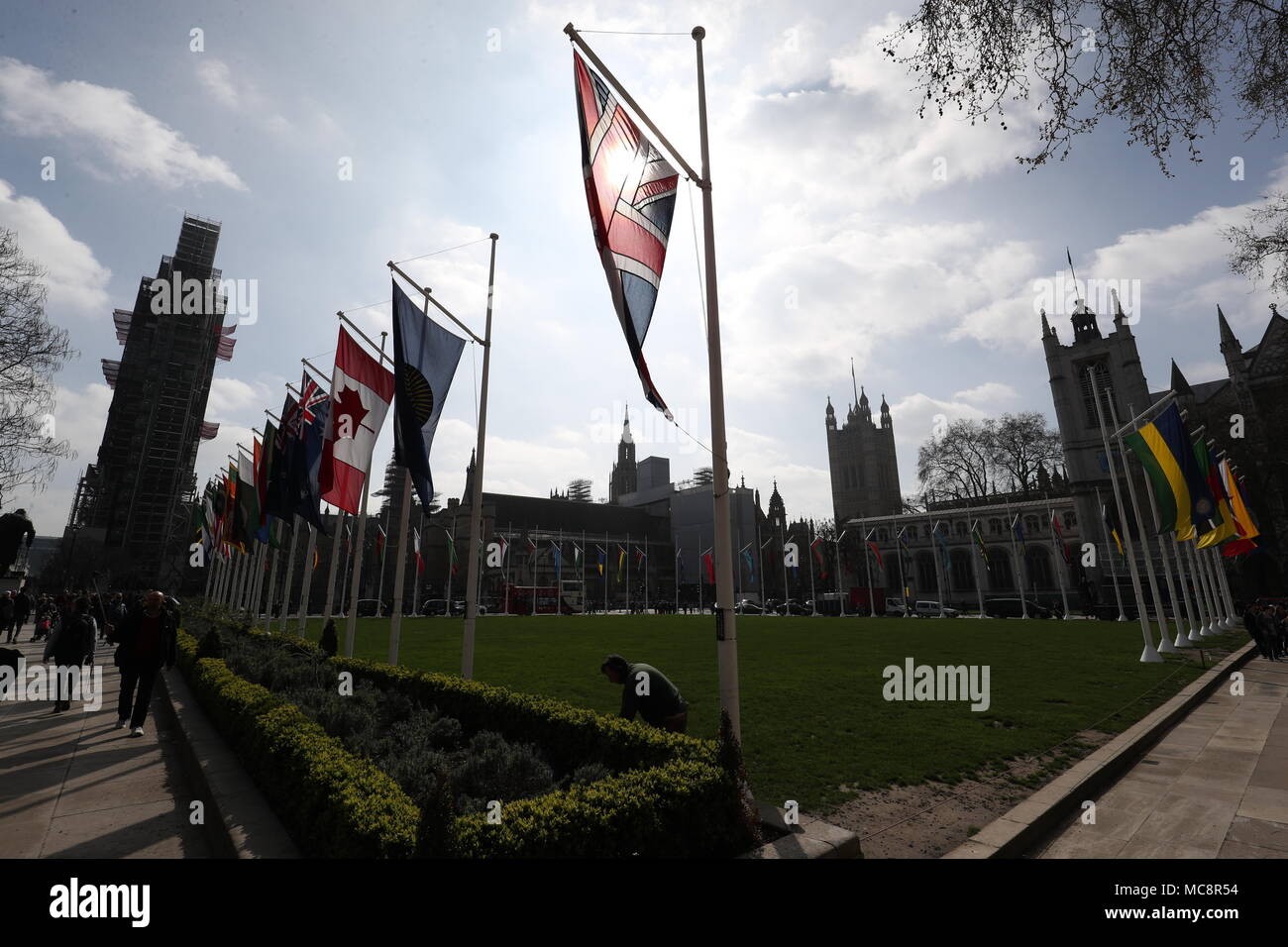 Flags of countries from the Commonwealth flying in Parliament Square ...