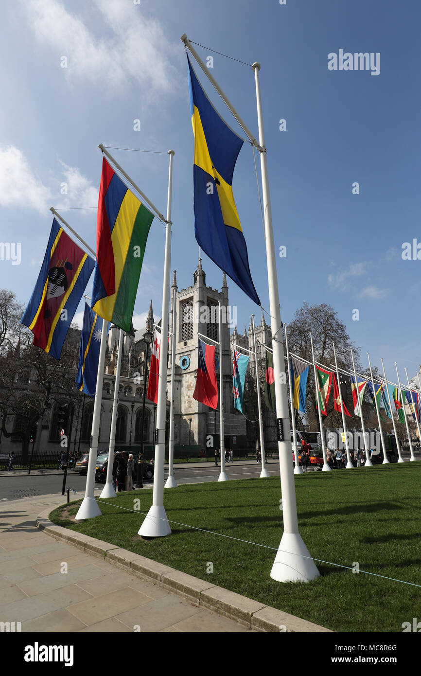 Flags of countries from the Commonwealth flying in Parliament Square ...
