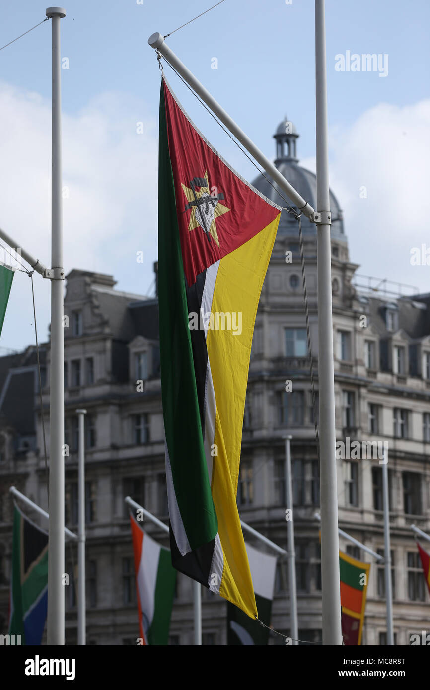 The flag of Mozambique flies with other flags from countries of the ...