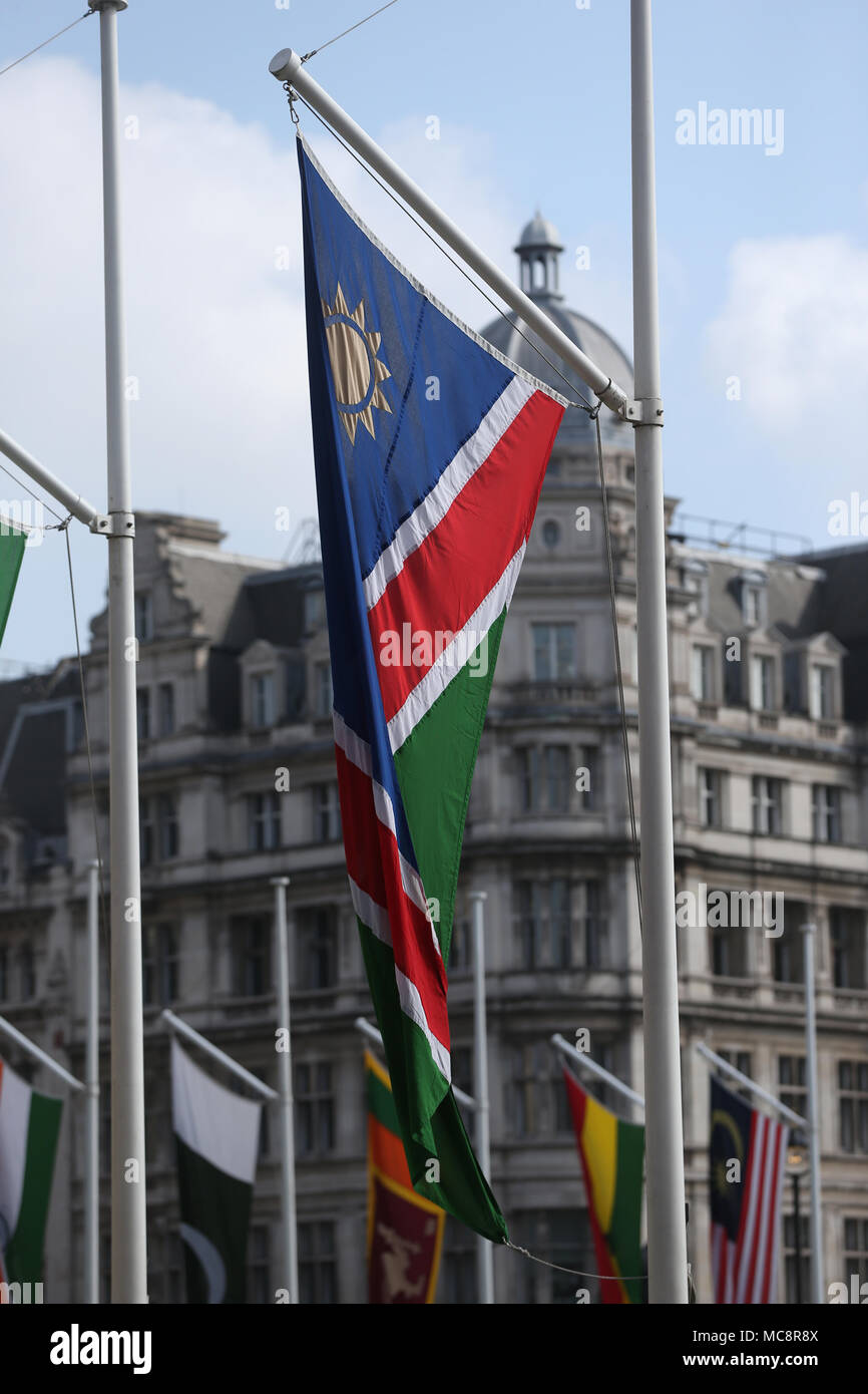 The flag of Namibia flies with other flags from countries of the ...