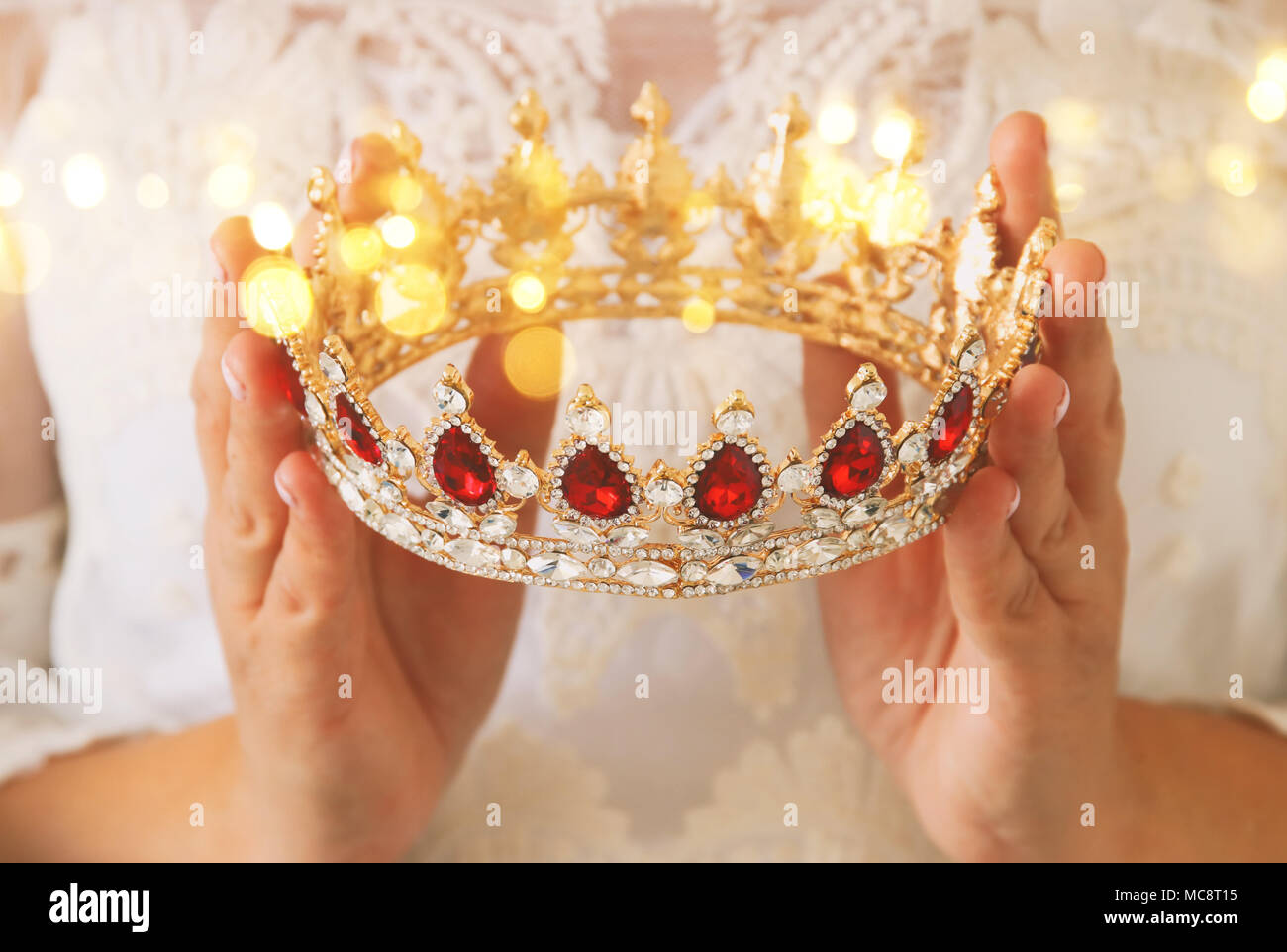 image of beautiful lady with white lace dress holding diamond crown ...