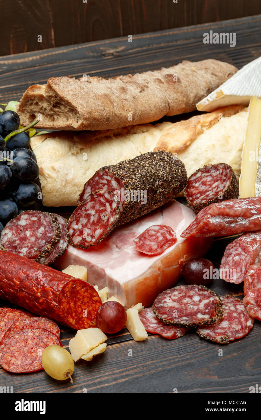 Traditional italian products with salami, cheese, bread and fruits ...