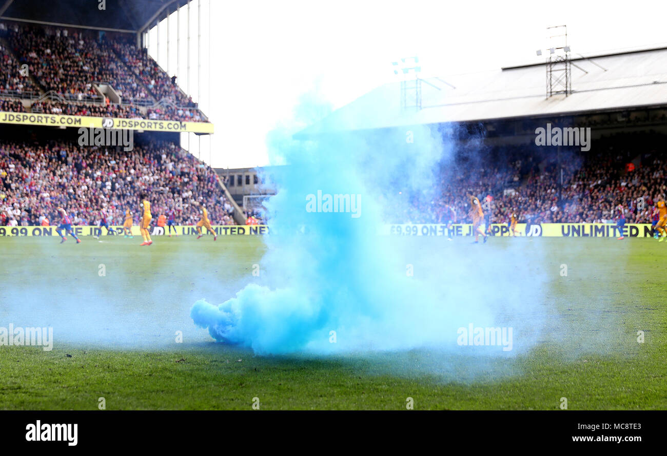 A flare is set off during the Premier League match at Selhurst Park ...