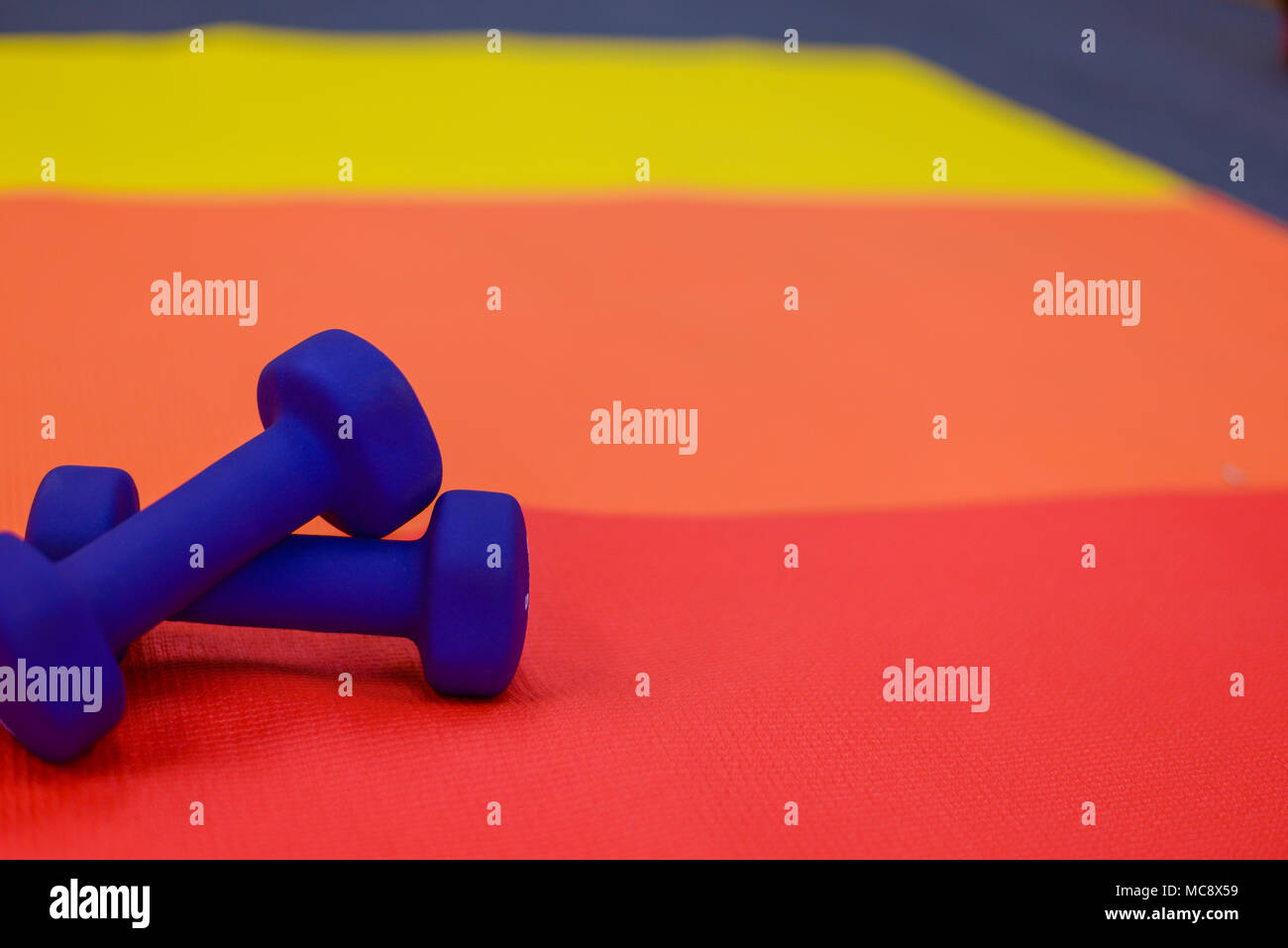a set of two blue 5 pound bar bells or weights isolated on colourful ...