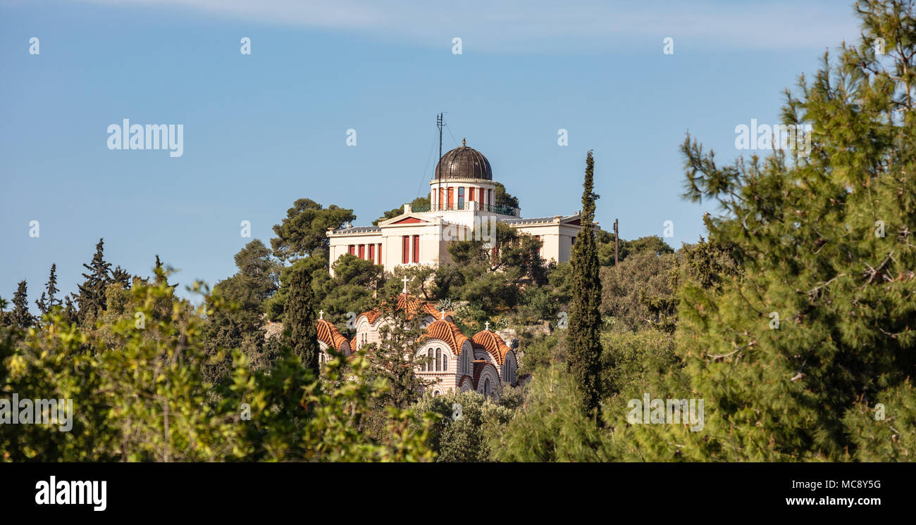 Athens, Greece. National observatory day view from Plaka streets Stock ...