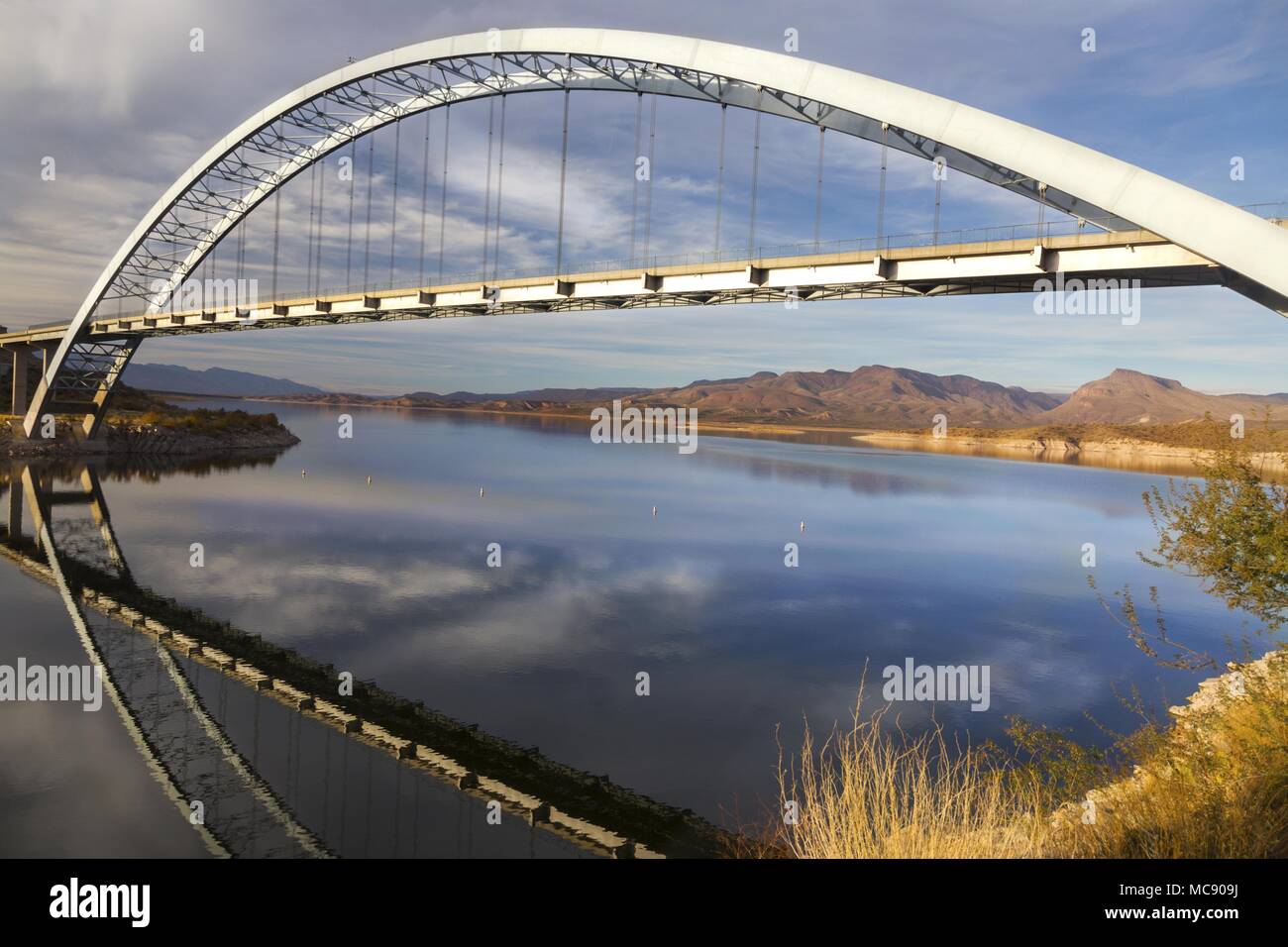 Roosevelt Bridge Arch Ellipse Reflected in Apache Trail Lake Calm Water ...