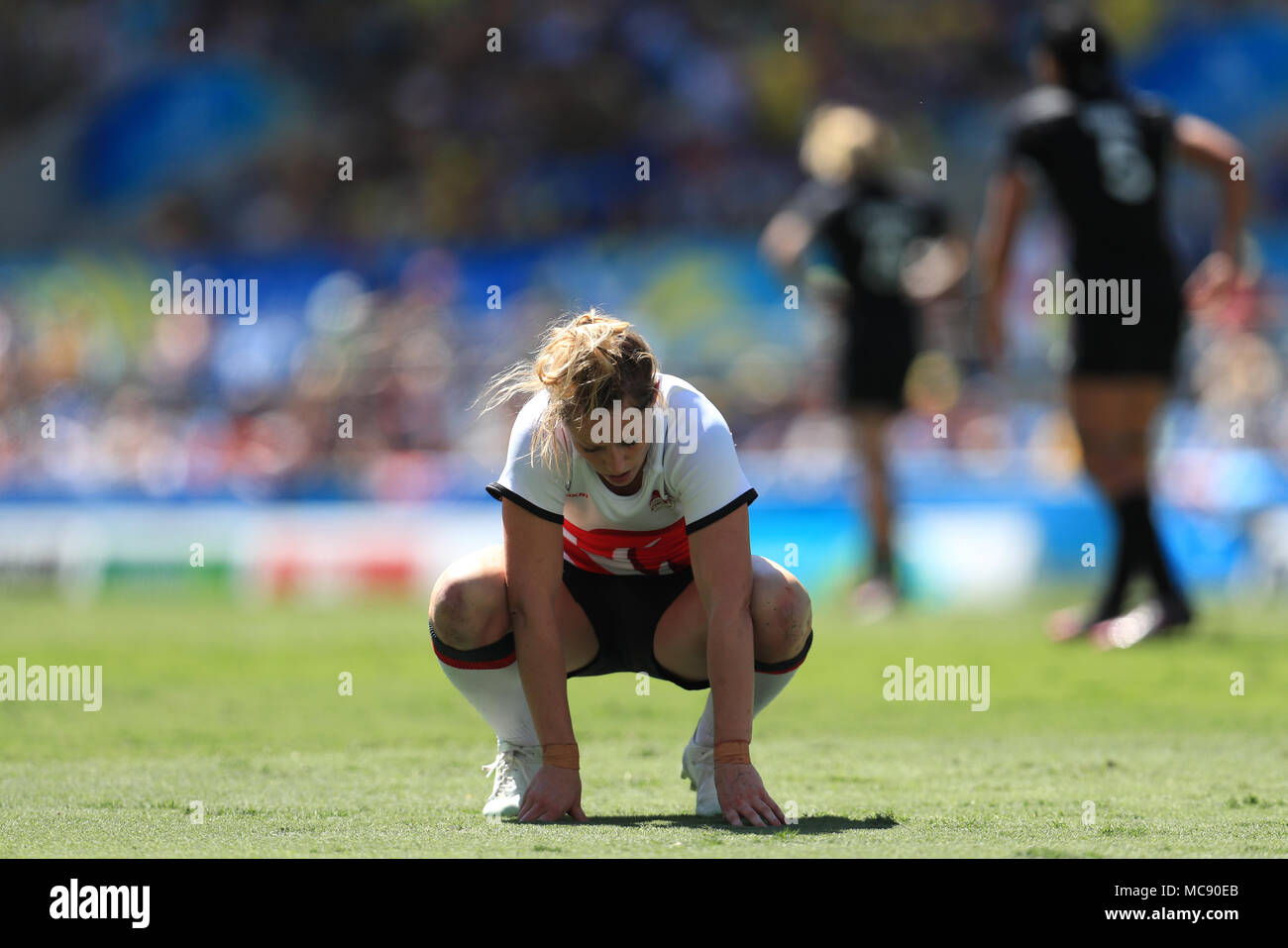 England's Natasha Hunt reacts after defeat by New Zealand in the Women ...