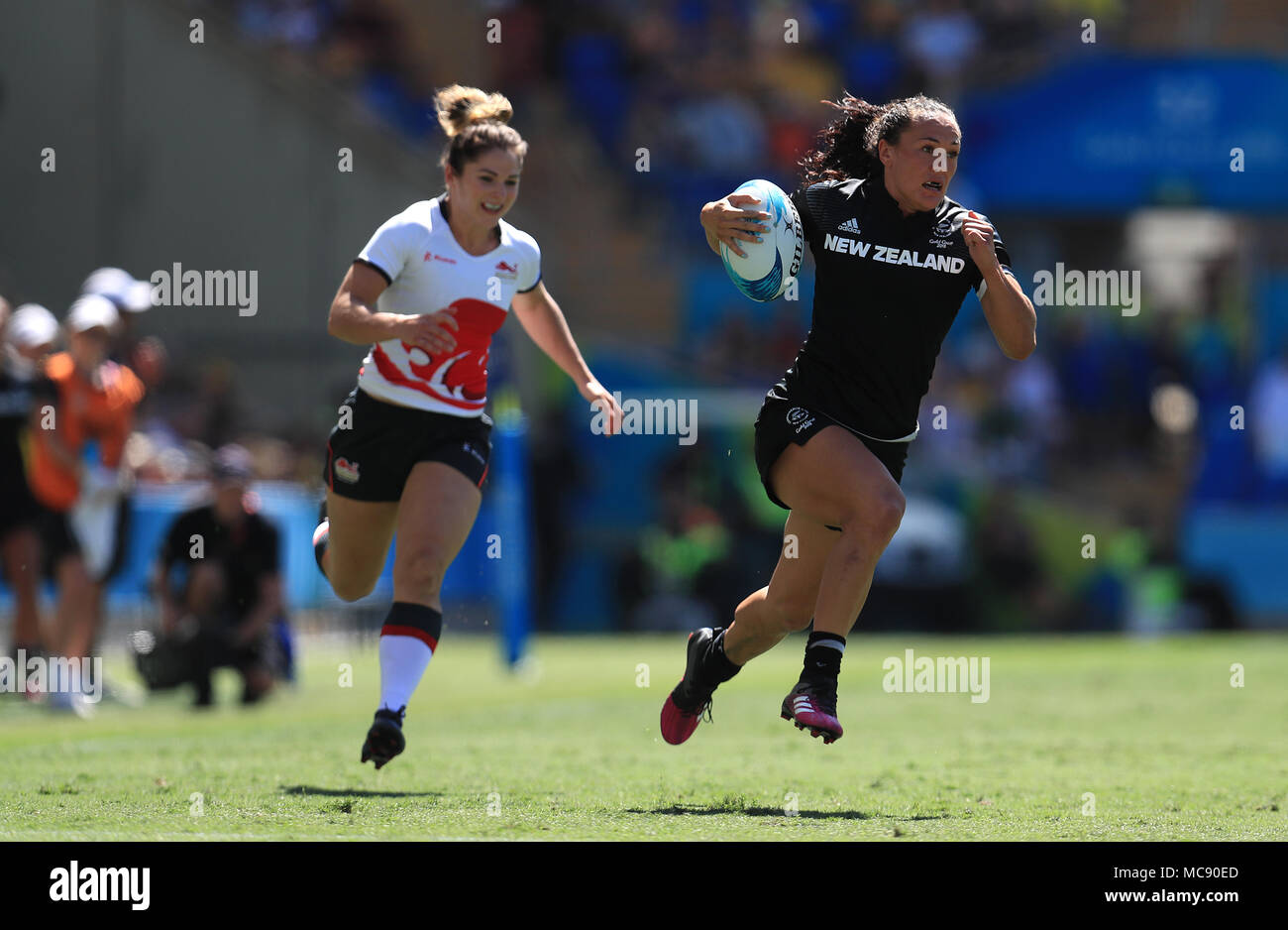 New Zealand's Portia Woodman (right) scores a try in the Women's Rugby ...