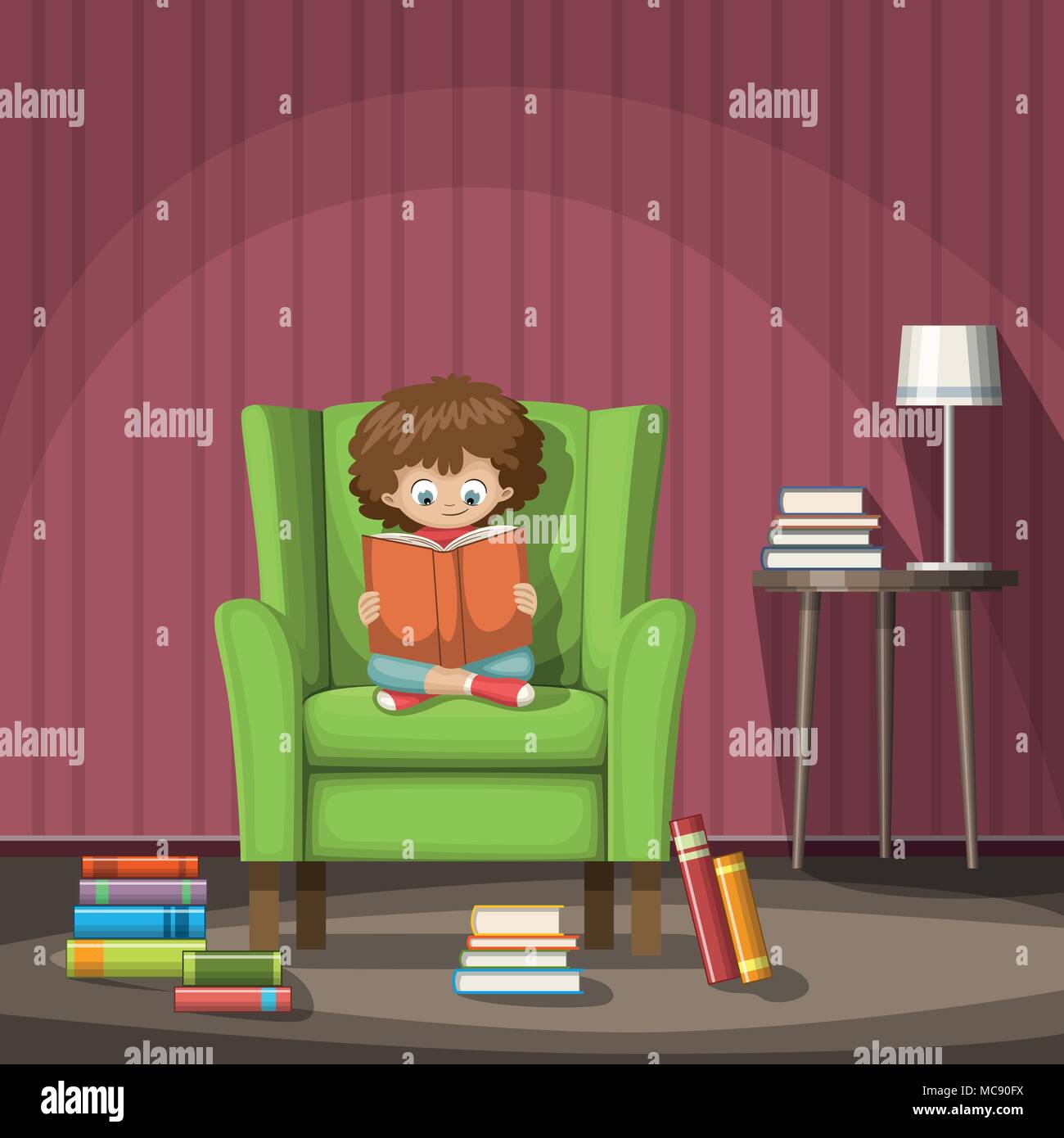 Child sits on a chair and reads a book. Vector Illustration Stock ...