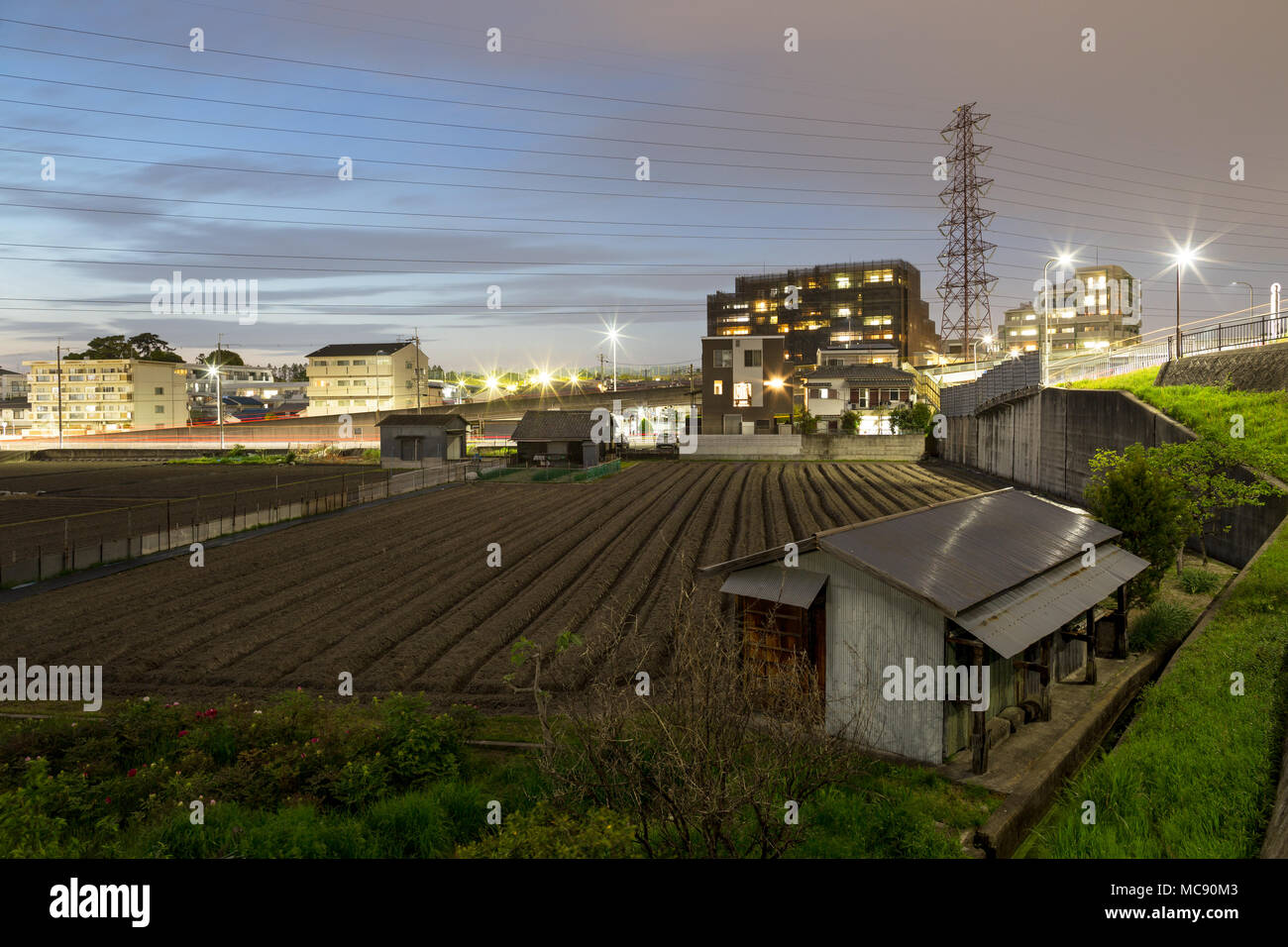 Small urban farm next to apartment buildings in Suita, Esaka Stock ...