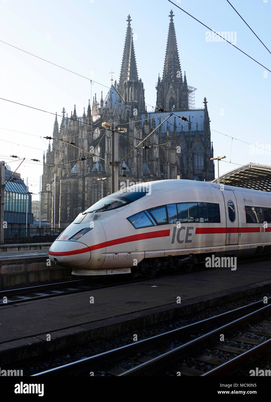 An ICE 3 high speed train waits to depart at Cologne station in Germany ...