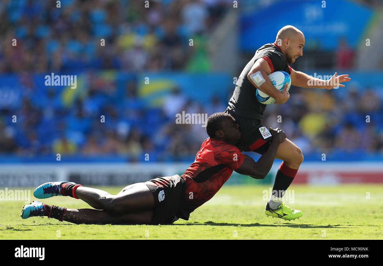 Kenya's Billy Odhiambo (left) tackles Wales' Luke Treharne in the Men's ...
