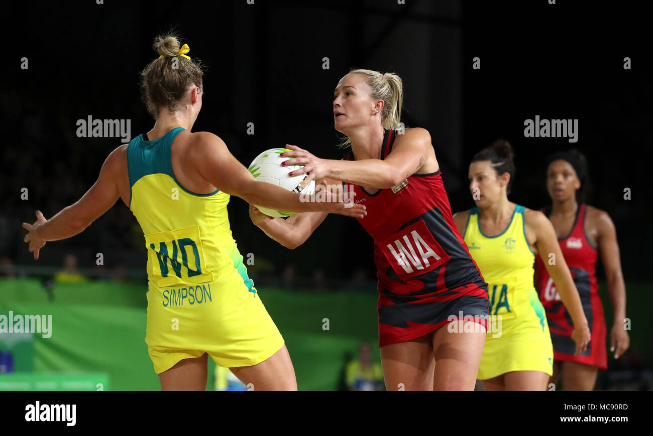 Australia's Gabi Simpson (left) and England's Chelsea Pitman in action ...