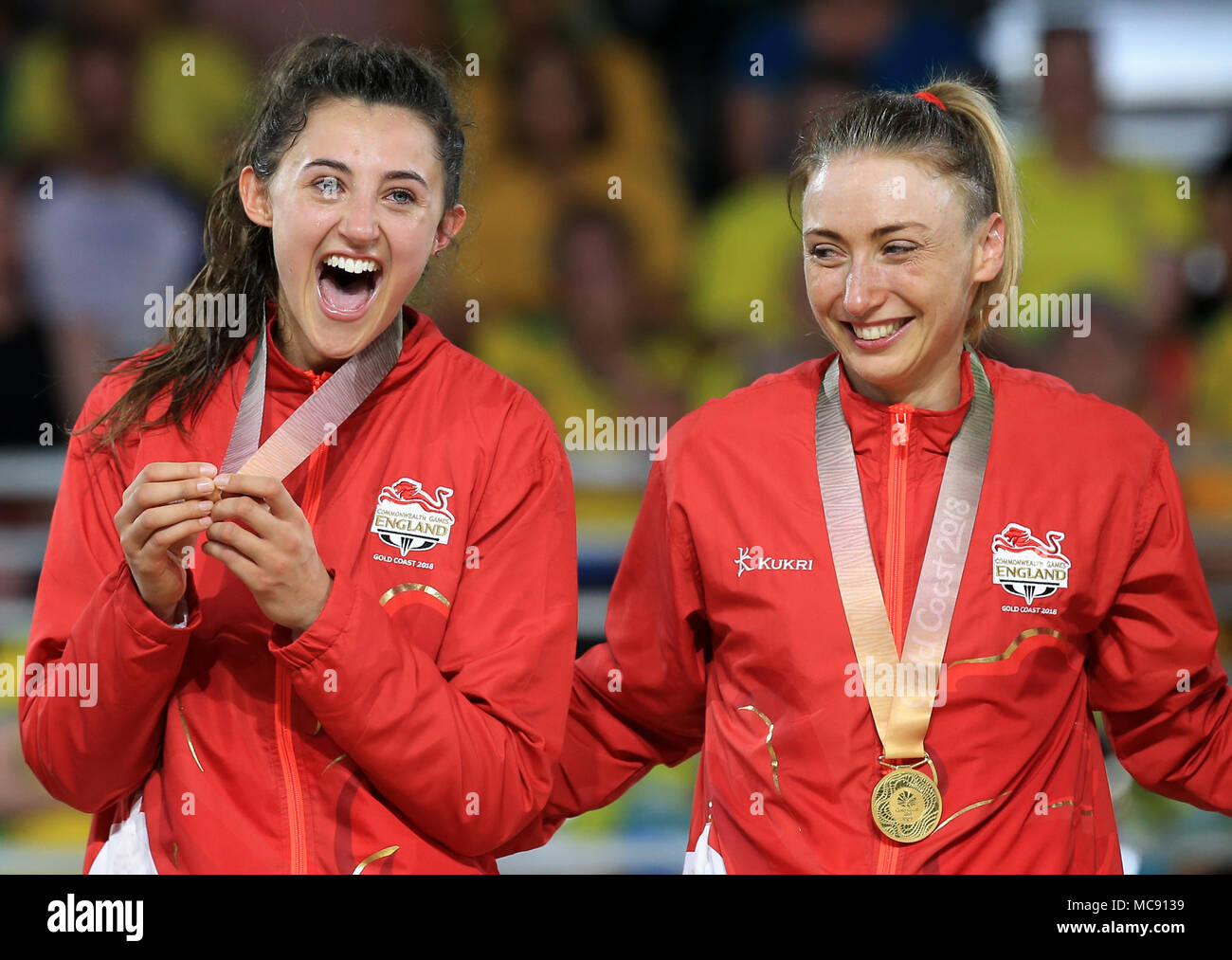 England's Beth Cobden and Jade Clarke celebrate with their gold medals ...