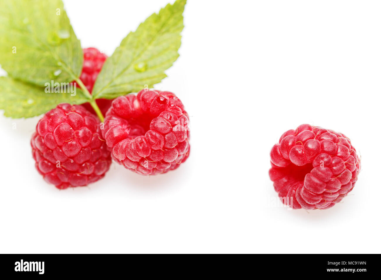 natural raspberry berries with mint leaf isolated on white background ...