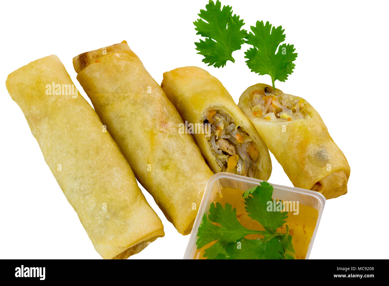 Spring rolls with sweet sauce isolated on white background Stock Photo ...