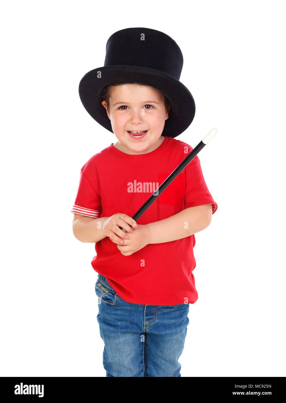 Funny small magician with a top hat and a magic wand isolated on a ...