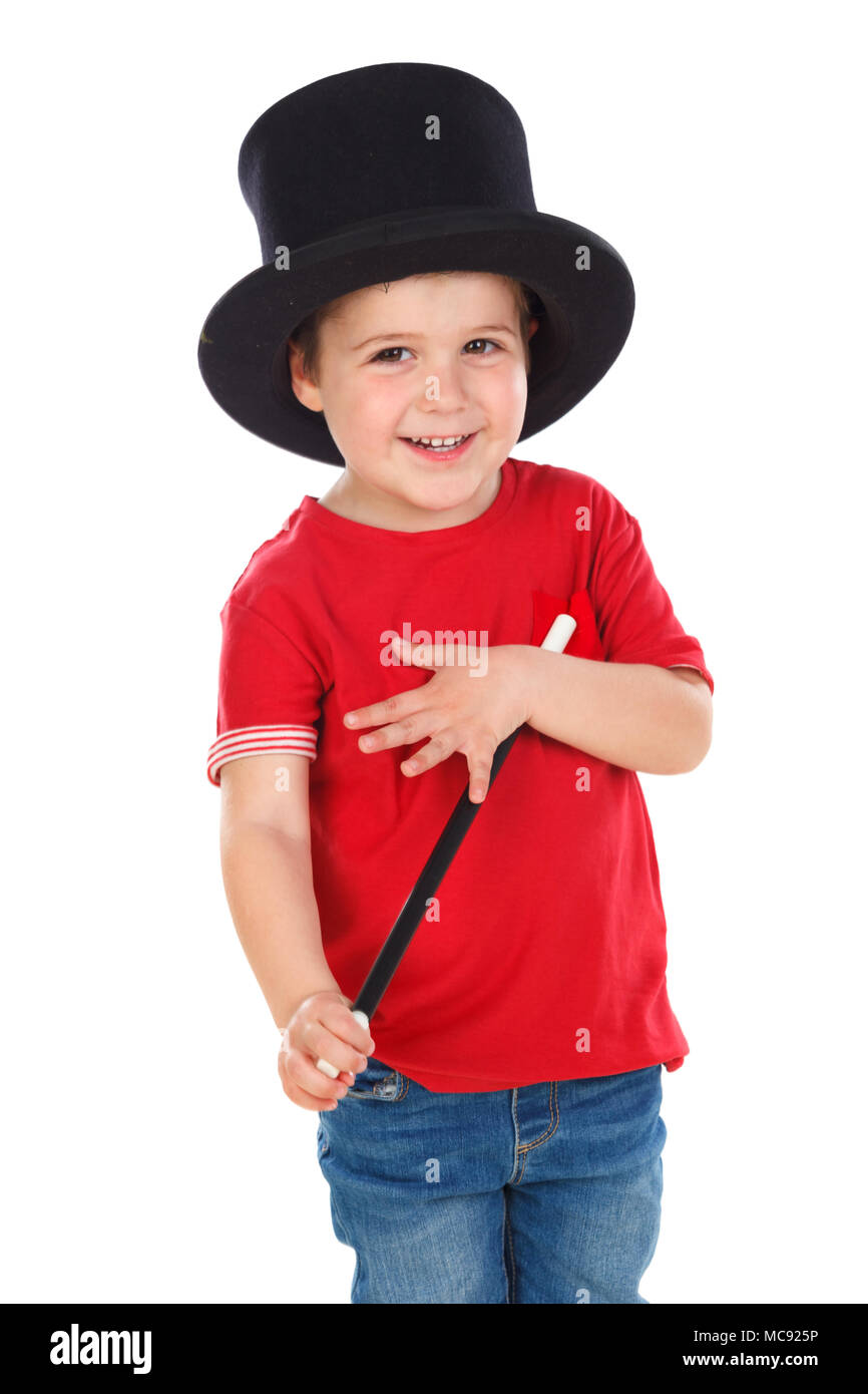 Funny small magician with a top hat and a magic wand isolated on a ...