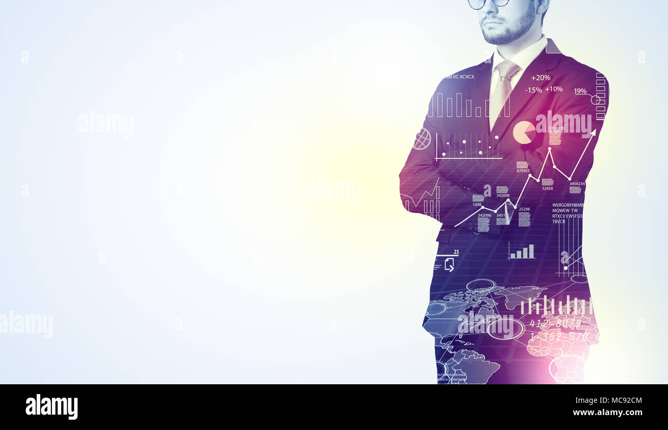 Leader man standing and thinking with graphs, charts, diagrams on the ...