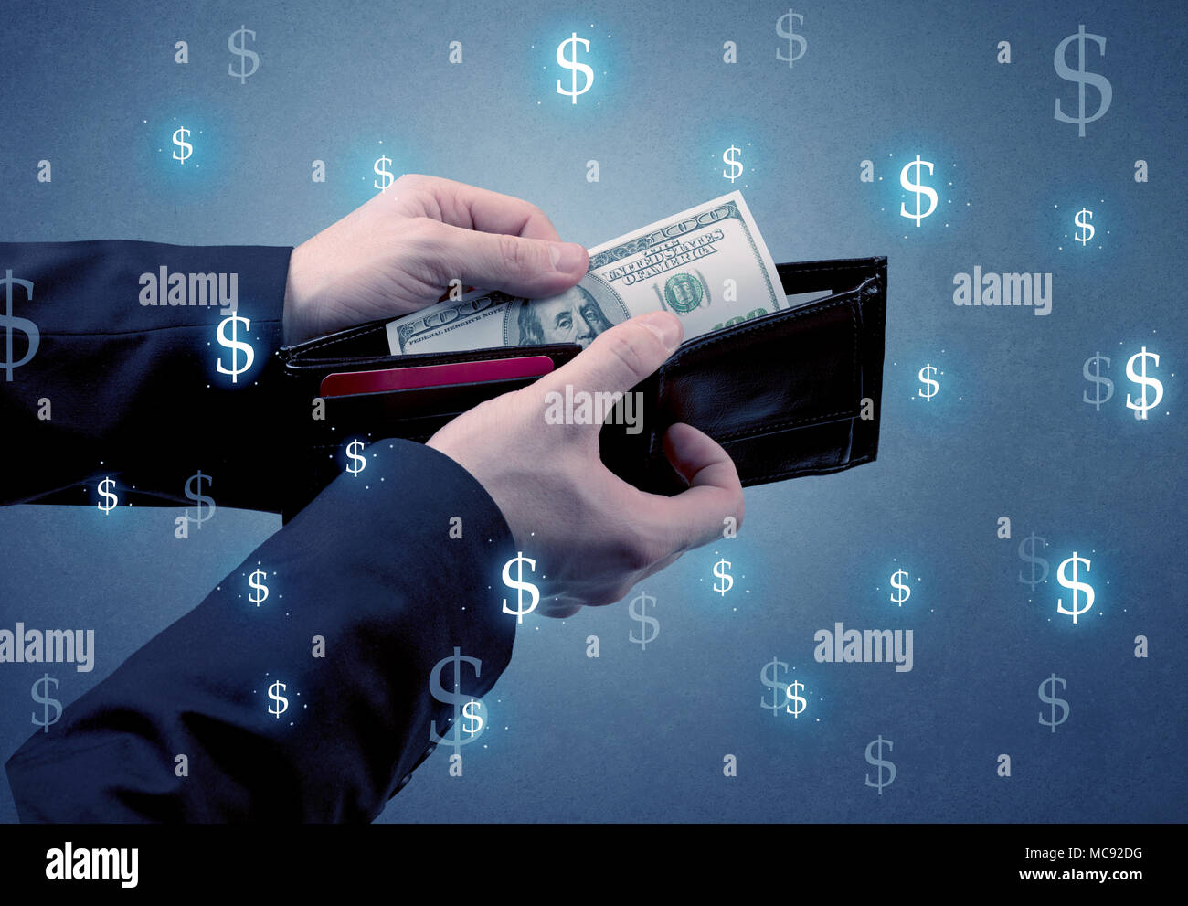 Hand takes out dollar money from a wallet with dollar symbol wallpaper ...