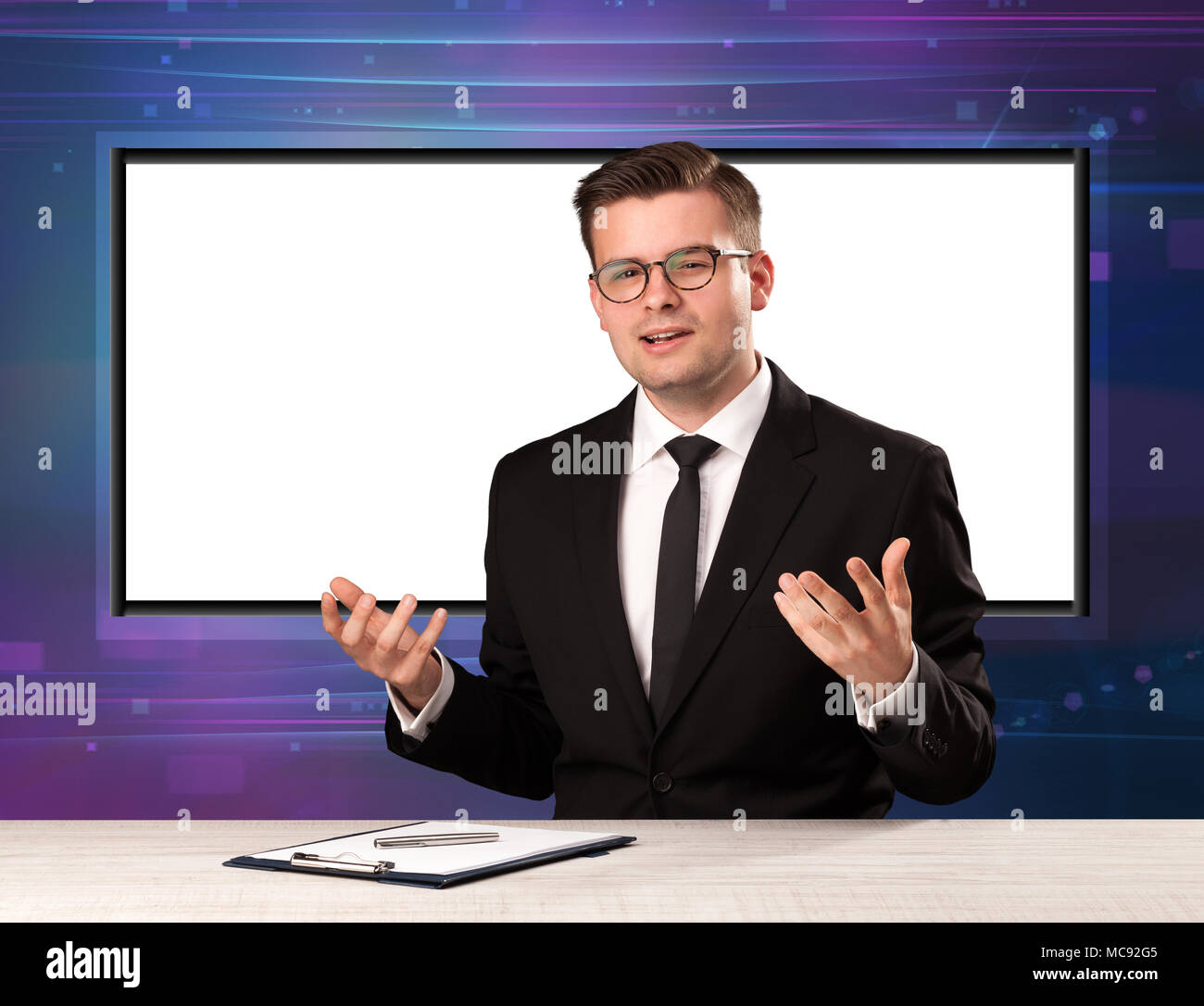 Television program host with big copy screen in his back concept Stock ...
