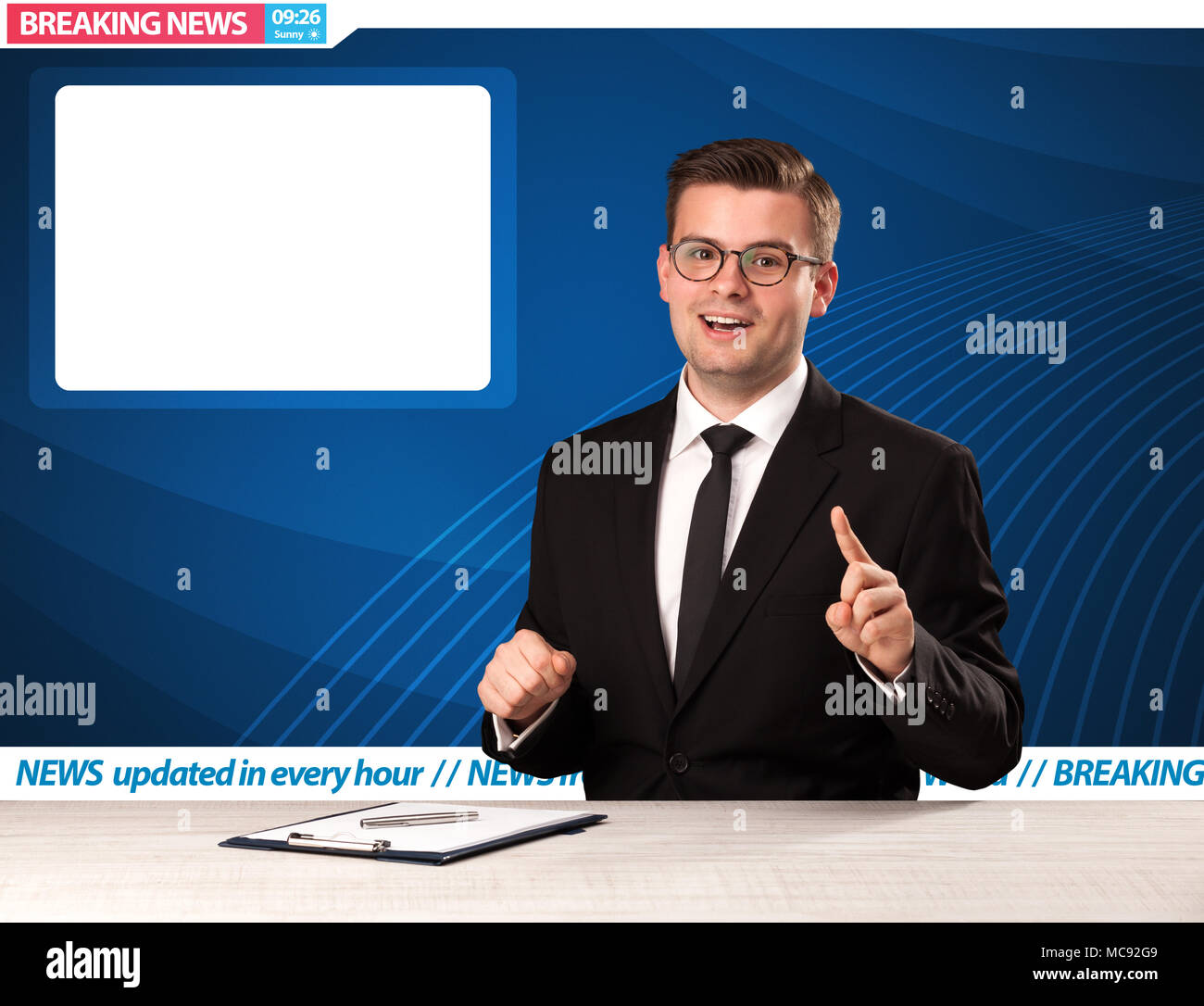 Television reporter telling breaking news at his studio desk with copy ...