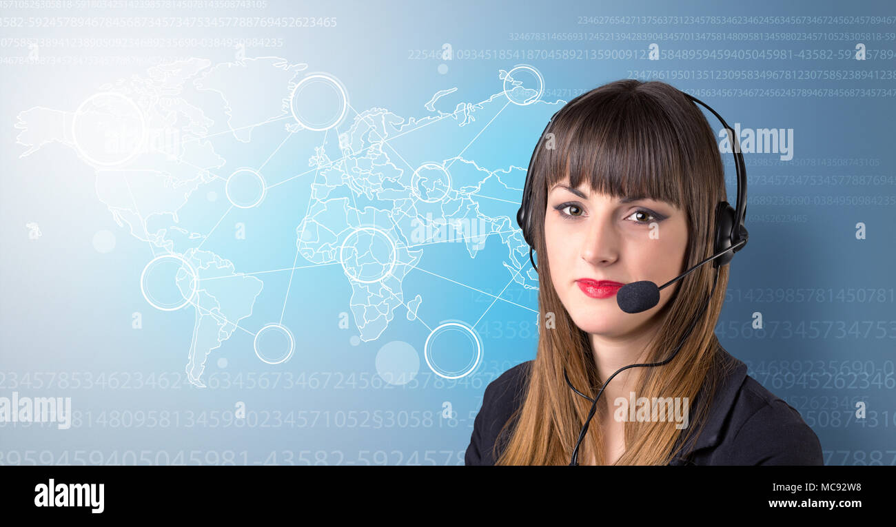 Young female telemarketer with blue background and world map and ...