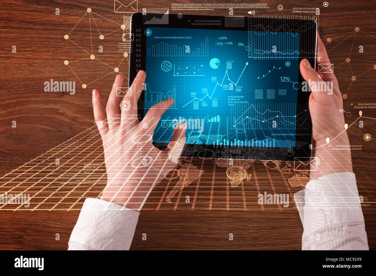 Caucasian business hands holding tablet with business screen Stock ...