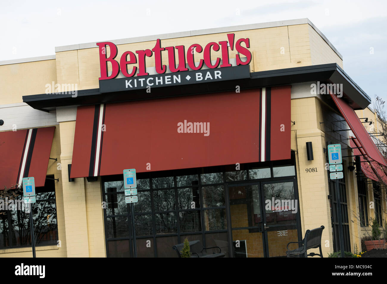 A logo sign outside of a Bertucci's restaurant location in Columbia ...