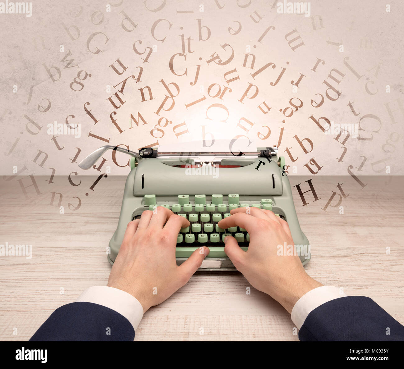 First person perspective elegant hand writing on typewriter with flying ...