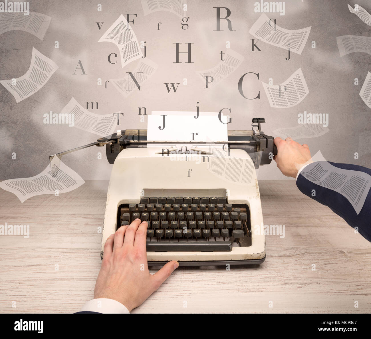 First person perspective hand typewriting with flying documents around ...