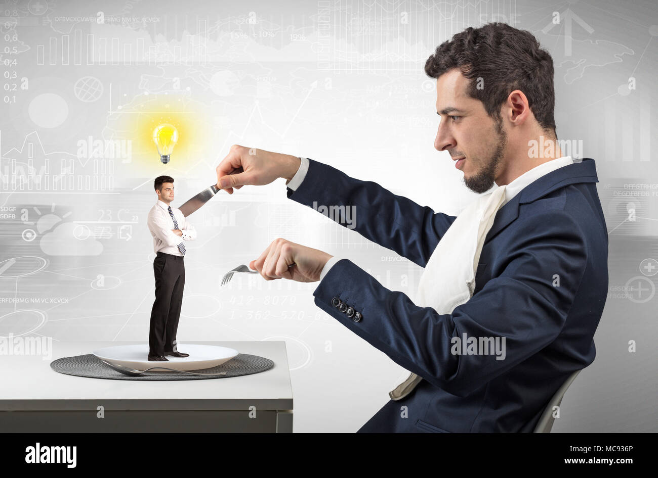 Giant businessman eating small man with financial background Stock ...