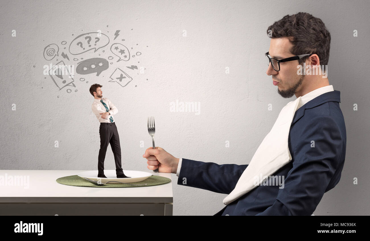 Big businessman want to eat small man with cloud messages above his ...