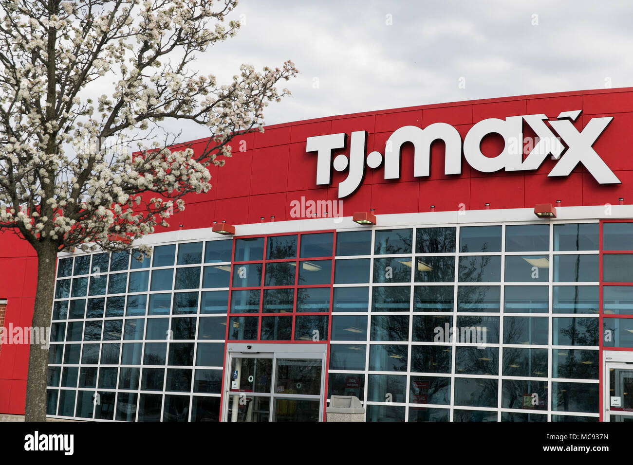 A logo sign outside of a TJ Maxx retail store in Columbia, Maryland on ...