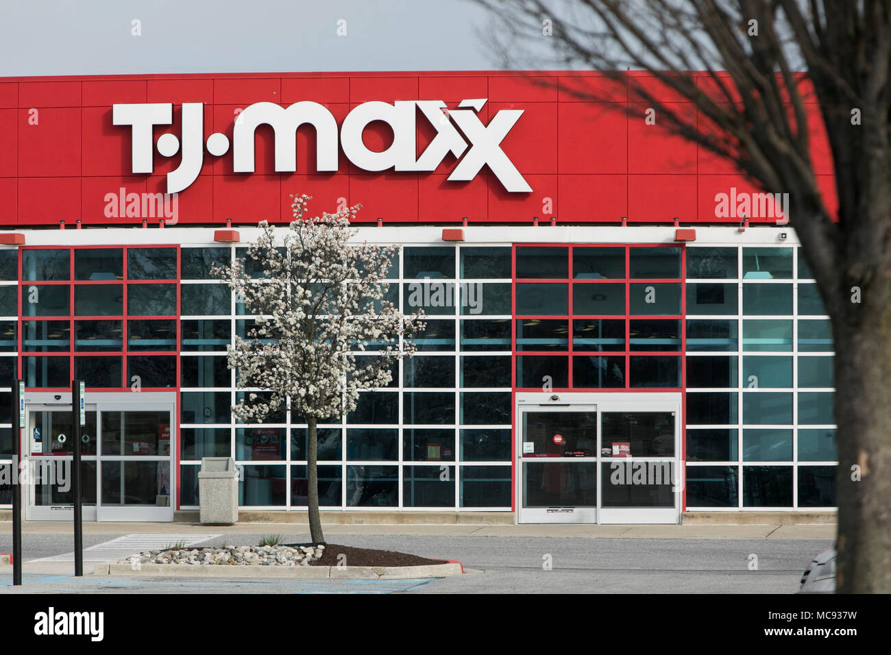 A logo sign outside of a TJ Maxx retail store in Columbia, Maryland on ...