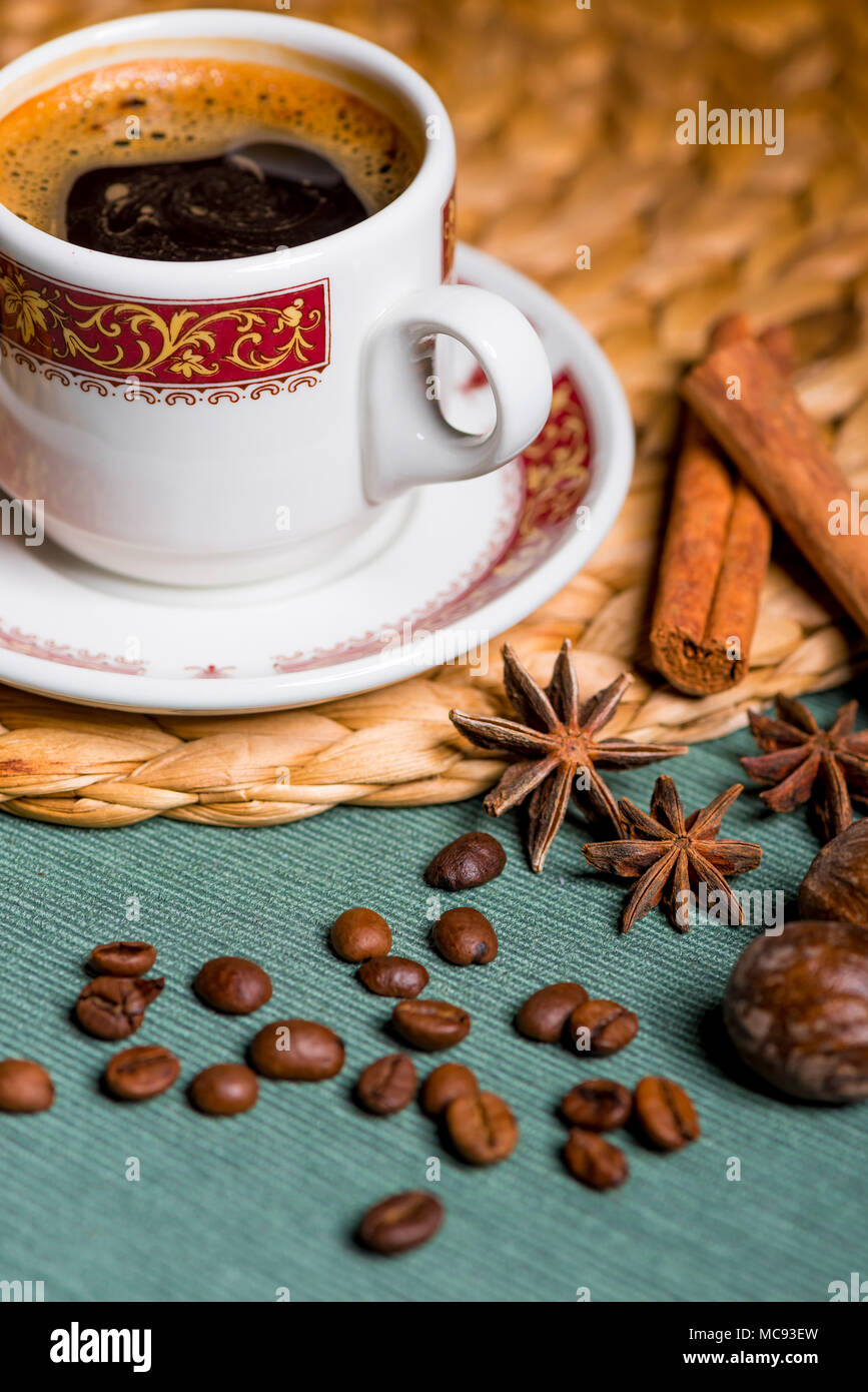 vertical still life on the table Turkish delicious coffee with spices ...