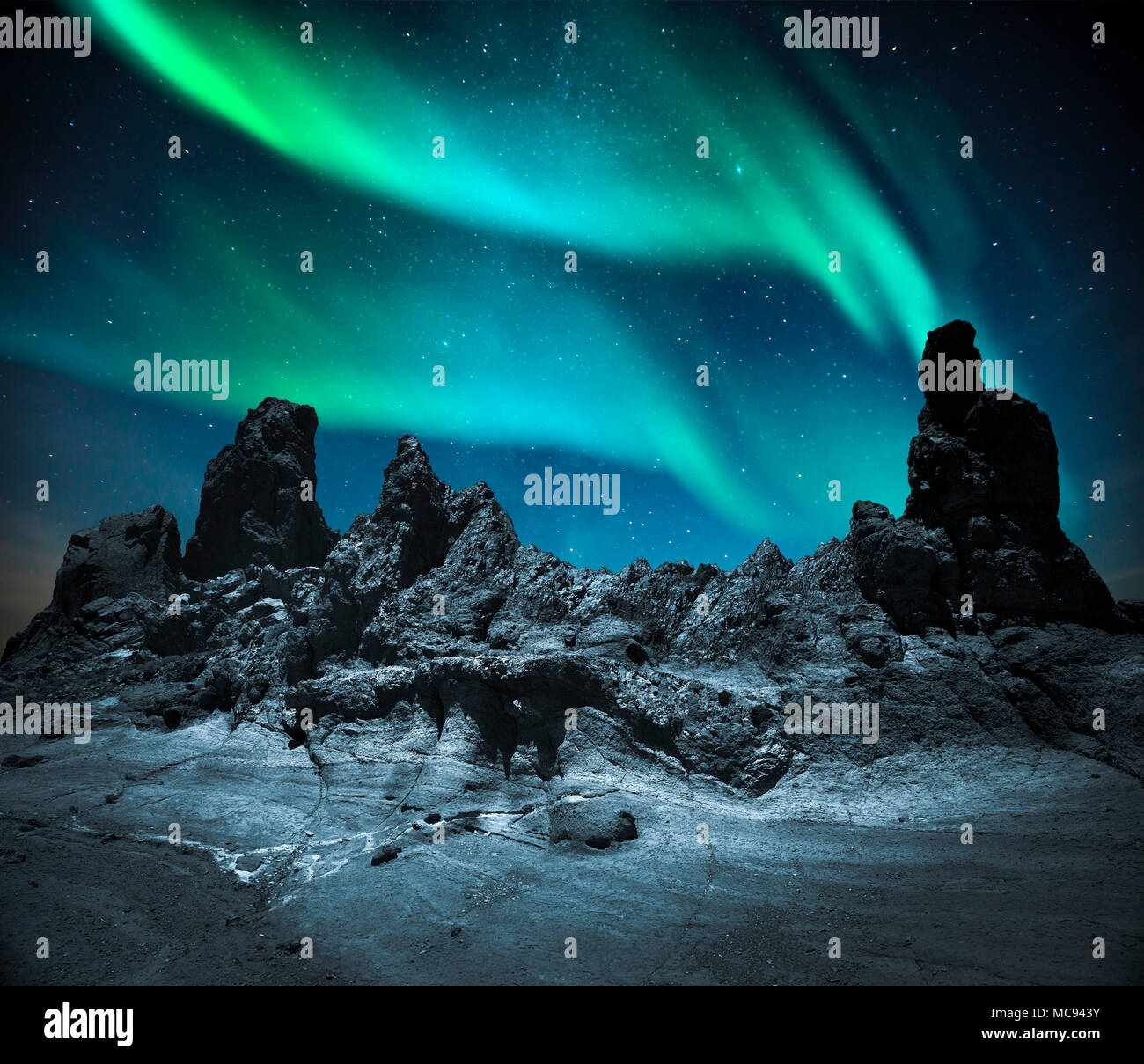 Northern lights in the mountains and plains, at night in the light of ...